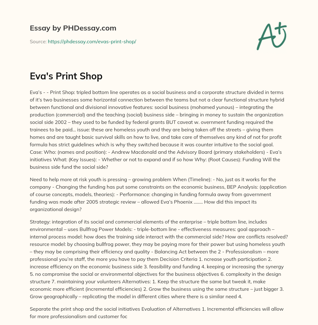 Eva's Print Shop (600 Words) - PHDessay.com