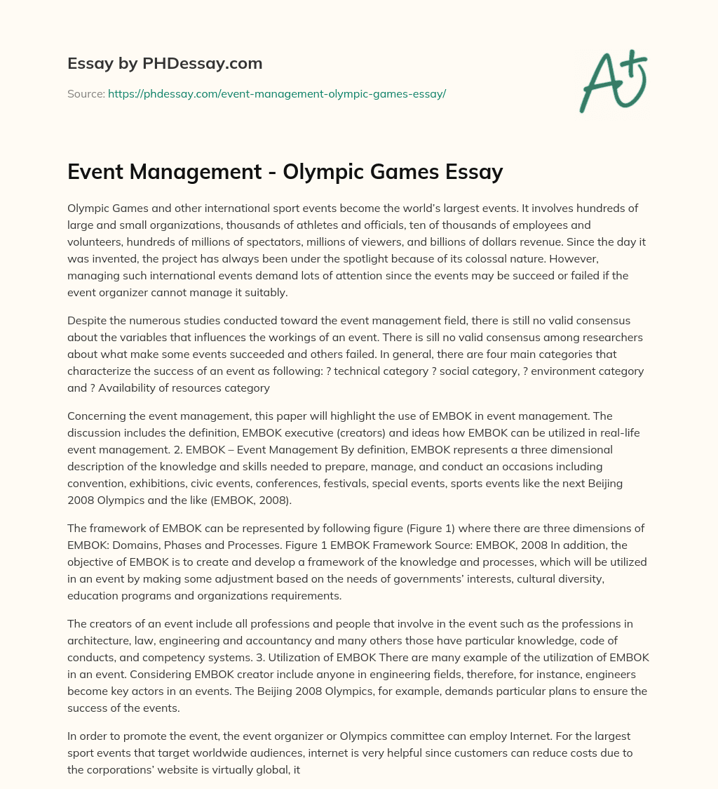 Event Management - Olympic Games Essay Example - PHDessay.com