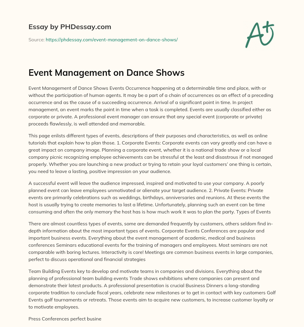 Event Management On Dance Shows Example - PHDessay.com