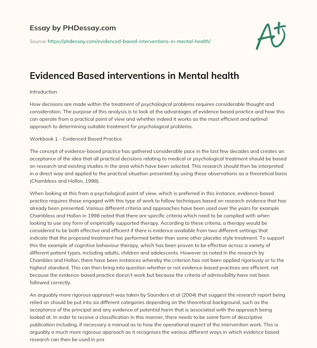 Evidenced Based interventions in Mental health - PHDessay.com