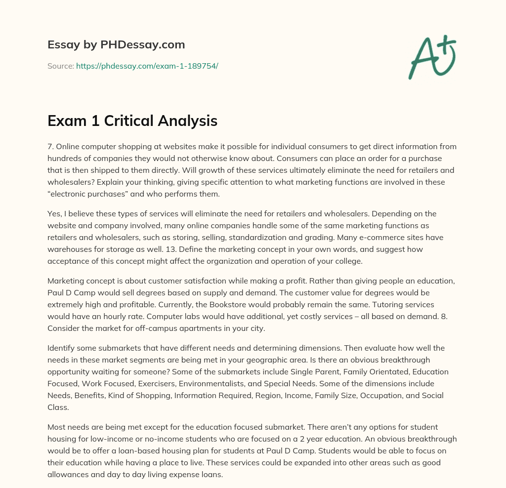 Exam 1 Critical Analysis (400 Words) - PHDessay.com