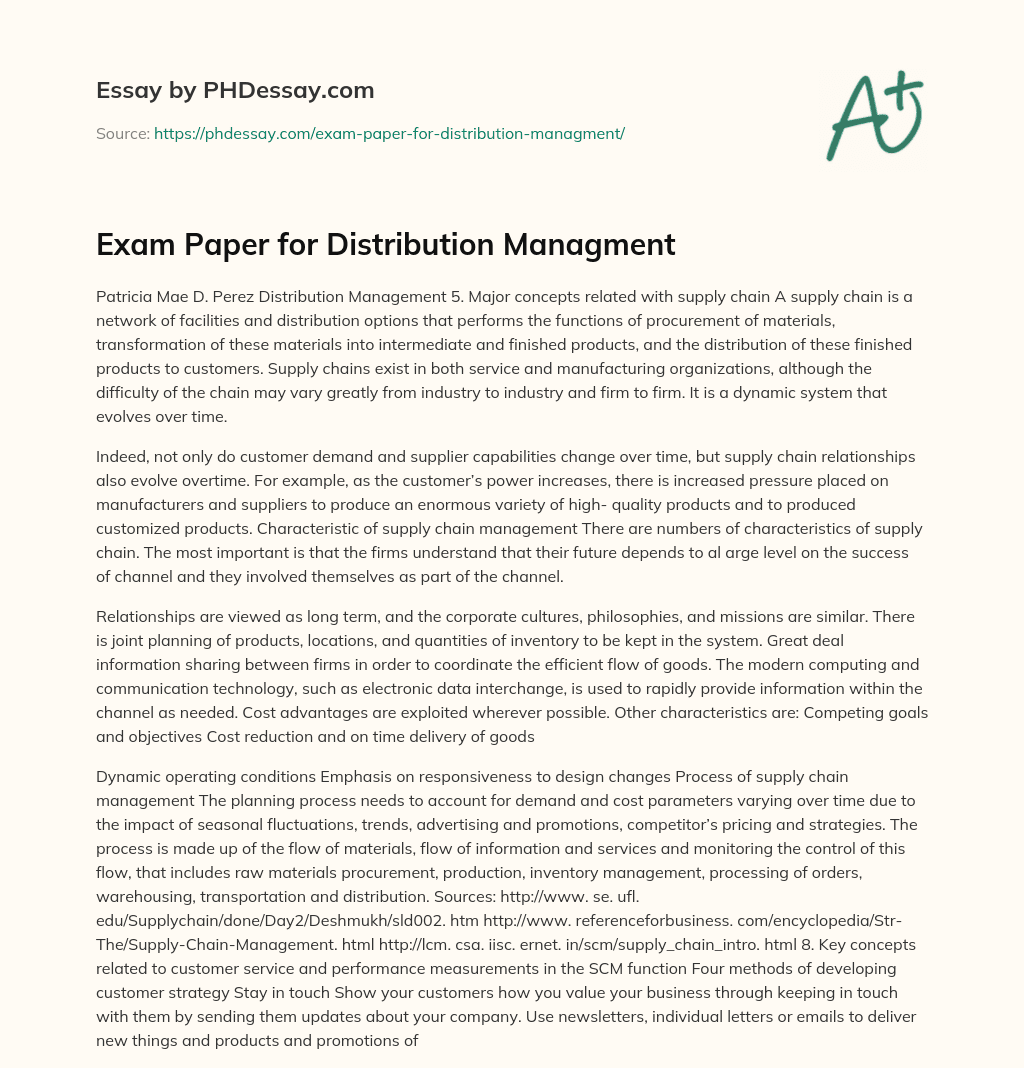 Exam Paper for Distribution Managment - PHDessay.com