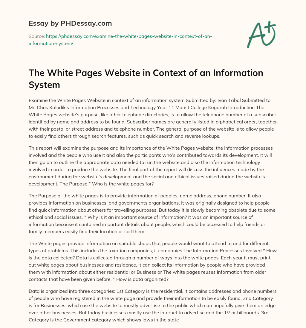 The White Pages Website in Context of an Information System - PHDessay.com