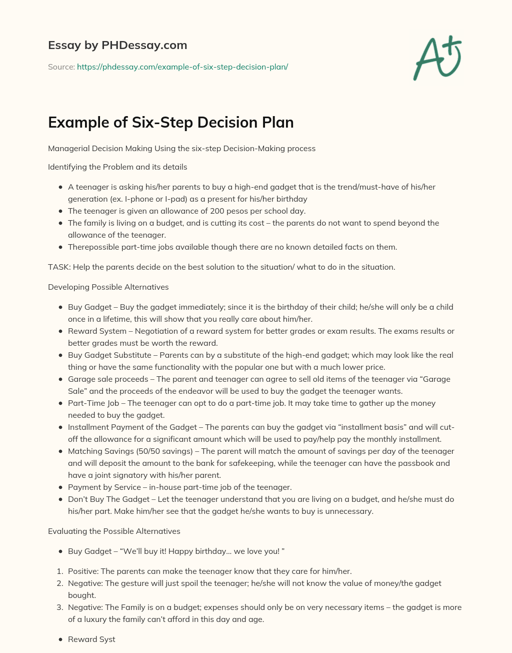 Example of Six-Step Decision Plan - PHDessay.com