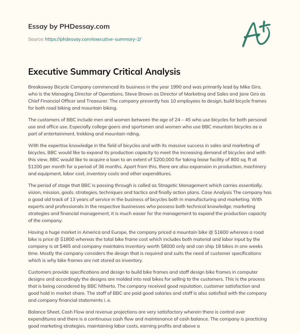 Executive Summary Critical Analysis - PHDessay.com