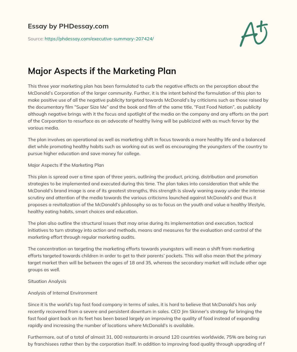 Major Aspects if the Marketing Plan - PHDessay.com