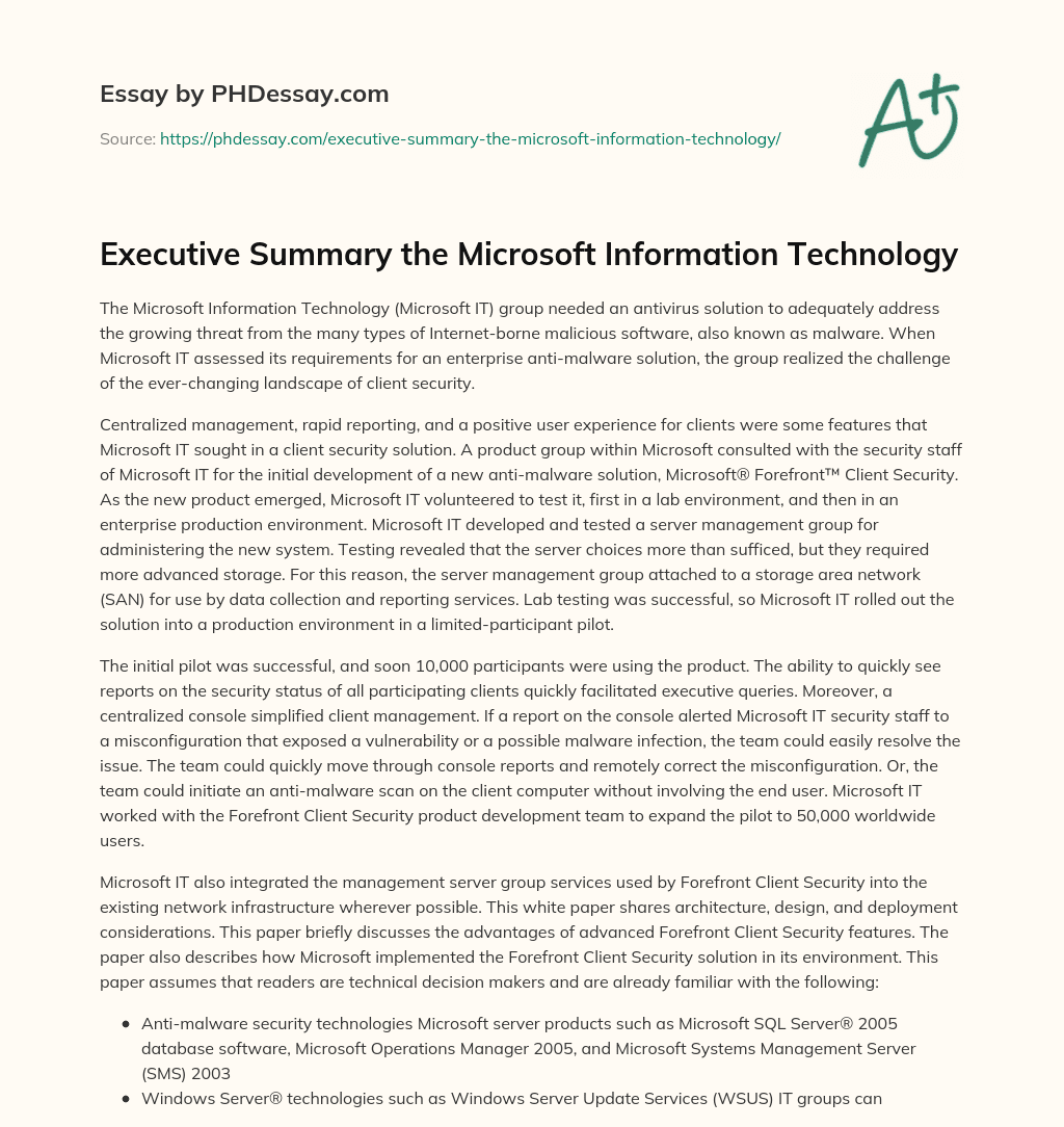 Executive Summary the Microsoft Information Technology (400 Words ...