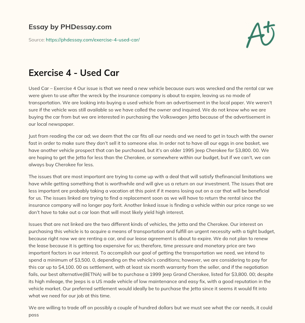 Exercise 4 - Used Car - PHDessay.com