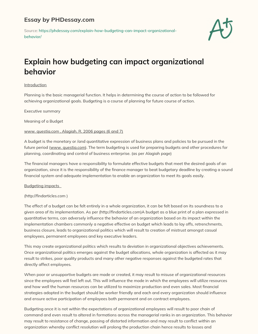 Explain how budgeting can impact organizational behavior - PHDessay.com