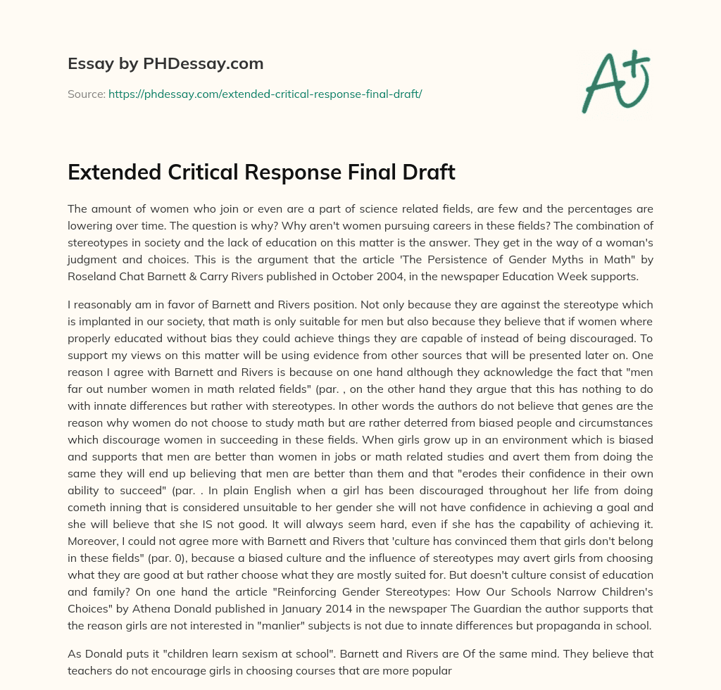 Extended Critical Response Final Draft - PHDessay.com