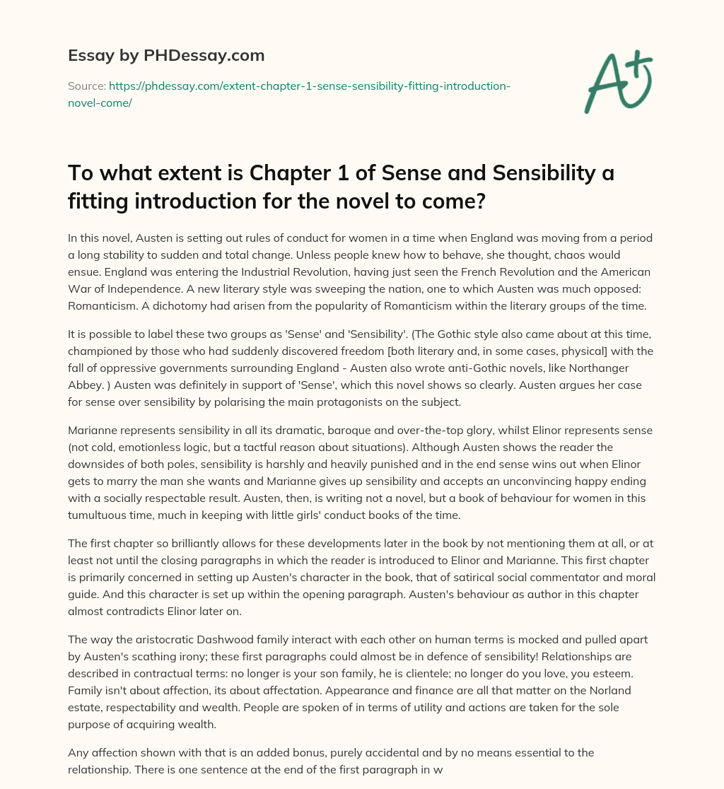 To what extent is Chapter 1 of Sense and Sensibility a fitting introduction for the novel to ...