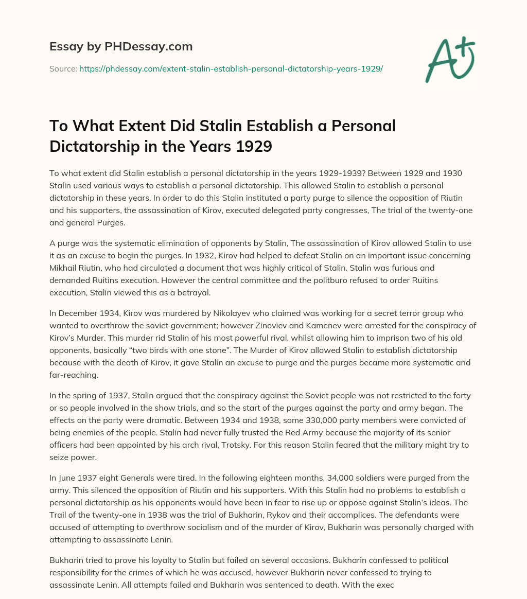 To What Extent Did Stalin Establish a Personal Dictatorship in the ...