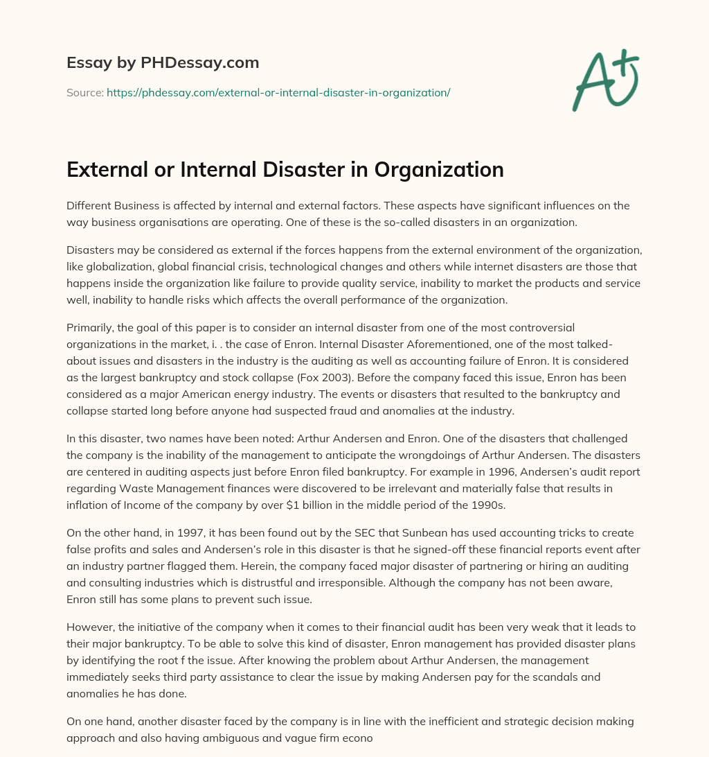 External or Internal Disaster in Organization - PHDessay.com