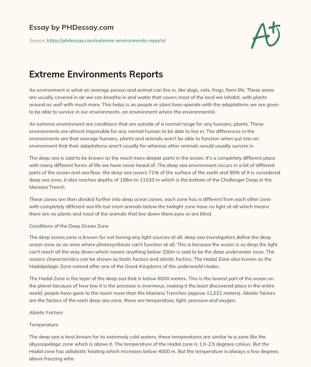 Extreme Environments Reports - PHDessay.com