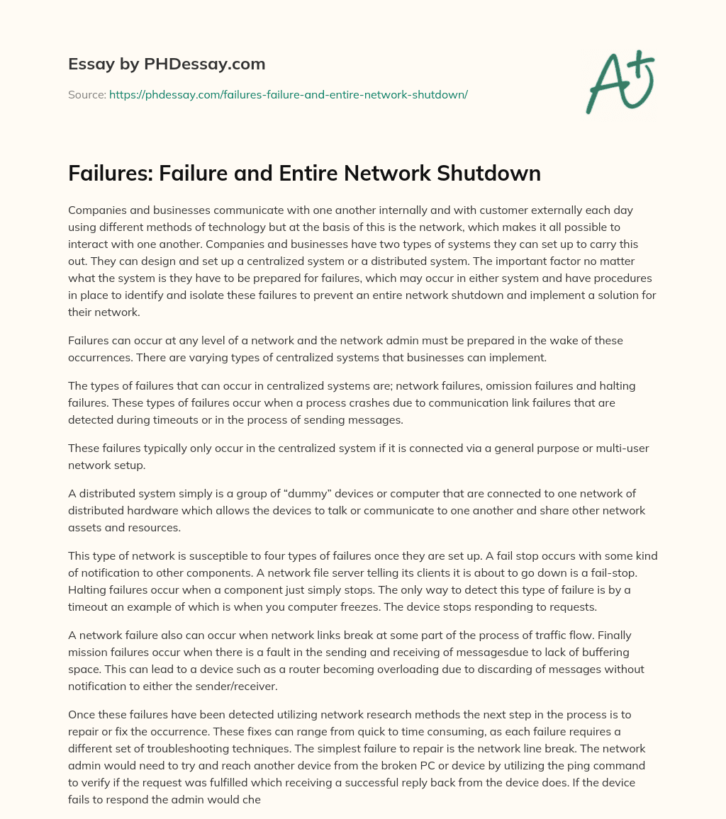 Failures: Failure and Entire Network Shutdown (600 Words) - PHDessay.com