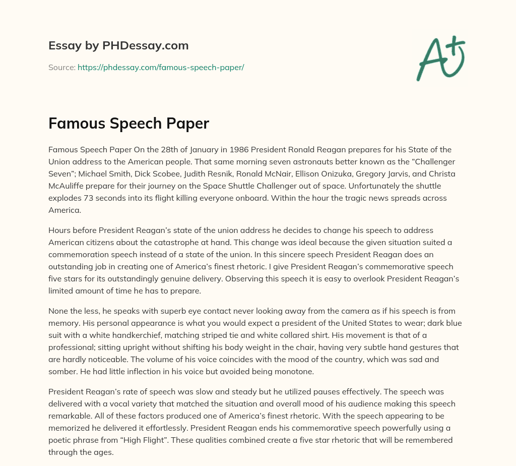 Famous Speech Paper (400 Words) - PHDessay.com