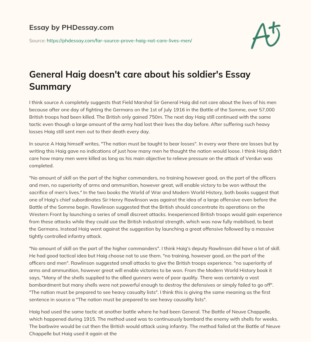 General Haig doesn't care about his soldier's Essay Summary - PHDessay.com