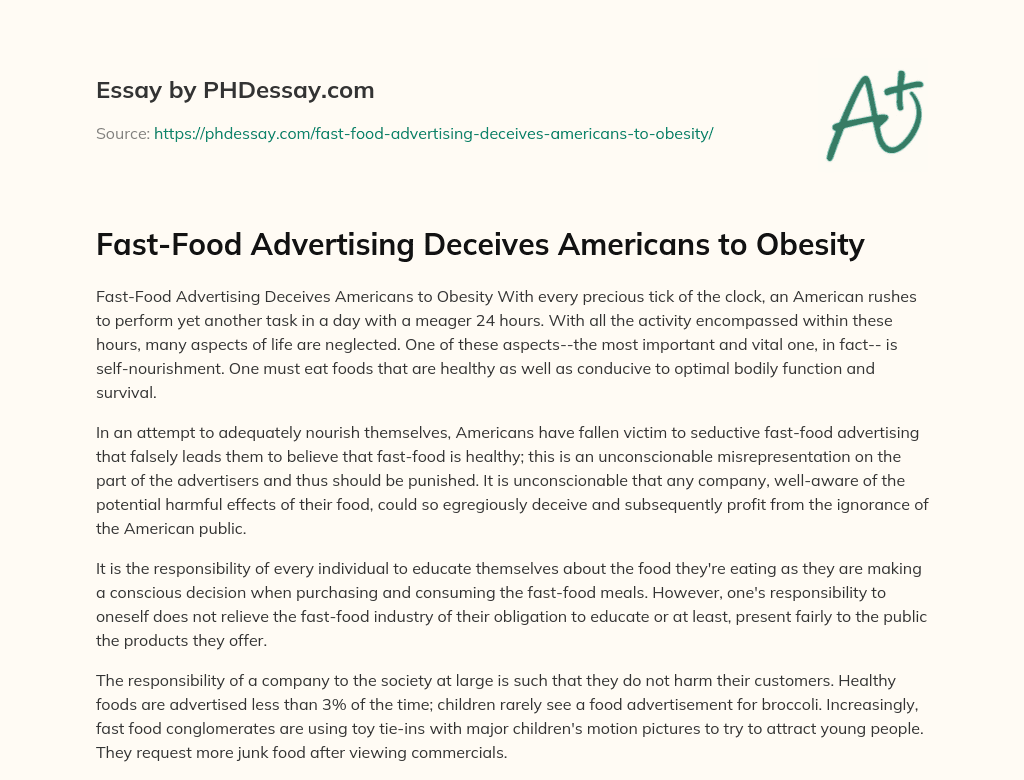 Fast-Food Advertising Deceives Americans to Obesity - PHDessay.com