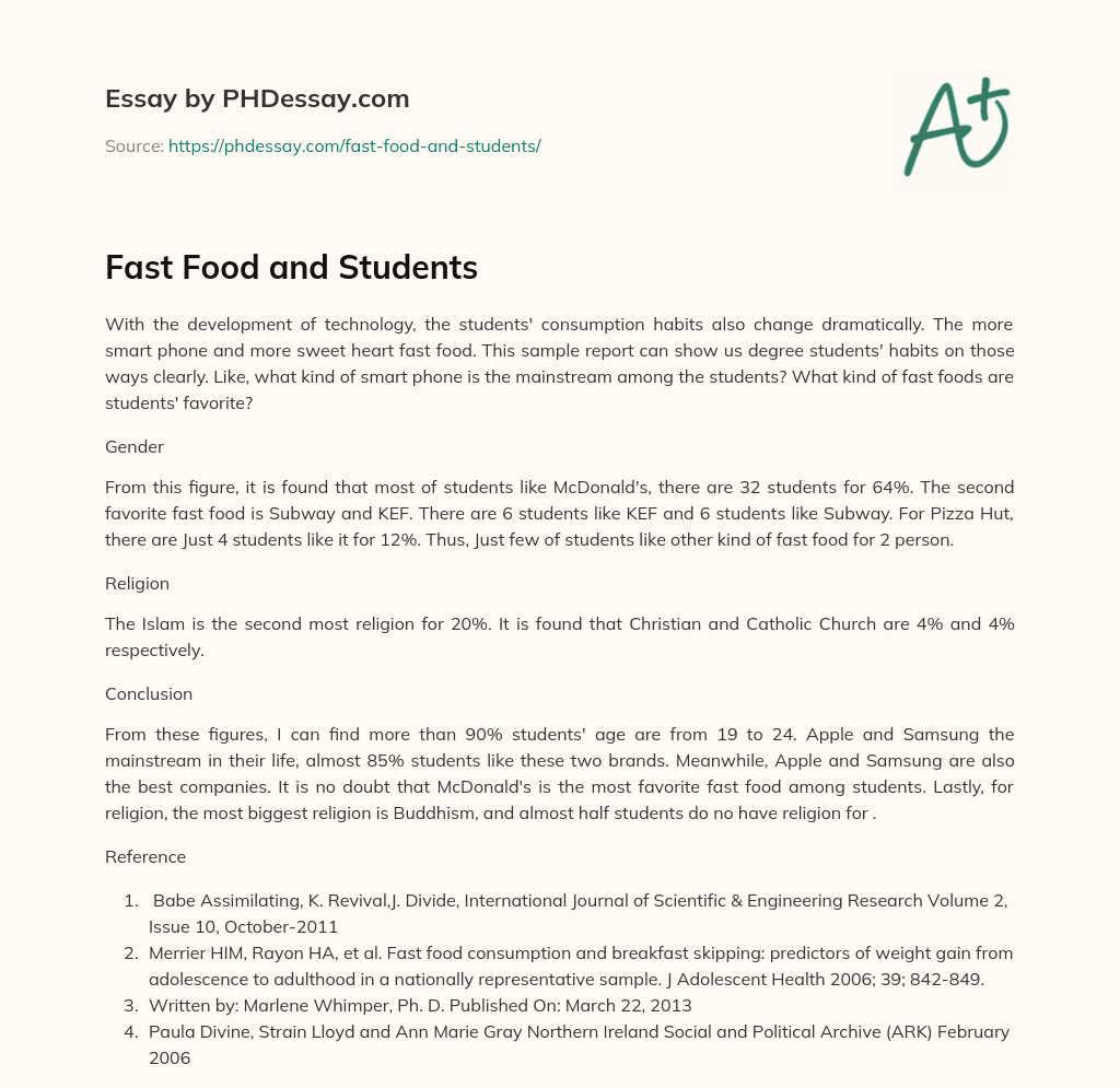 Fast Food And Students 300 Words PHDessay