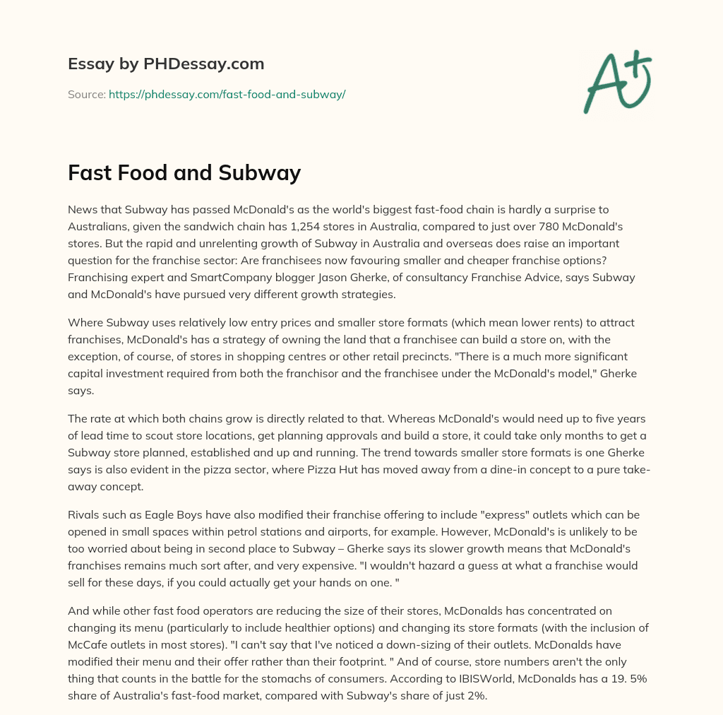 Fast Food and Subway (400 Words) - PHDessay.com