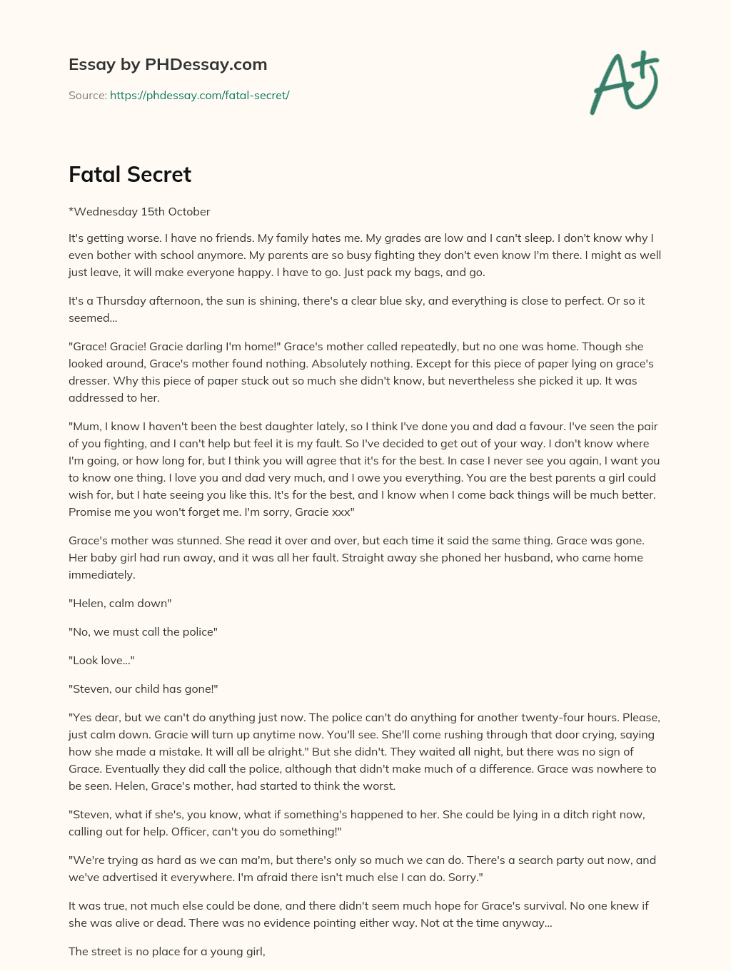Fatal Secret - PHDessay.com