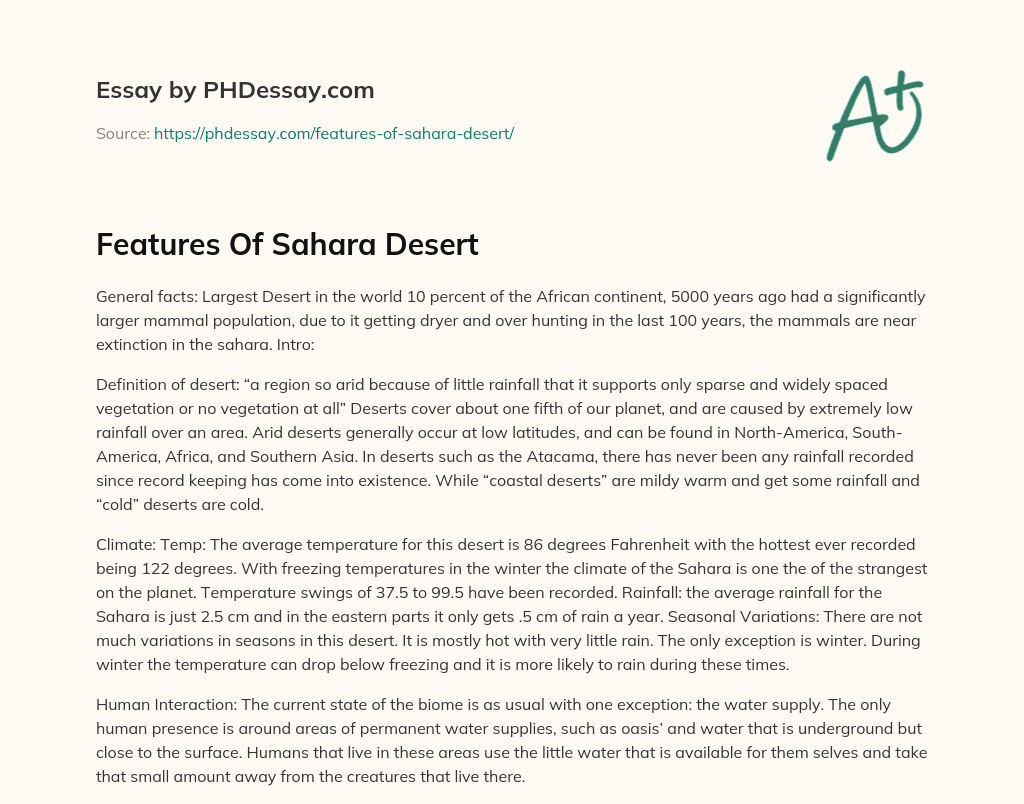 Features Of Sahara Desert (300 Words) - PHDessay.com