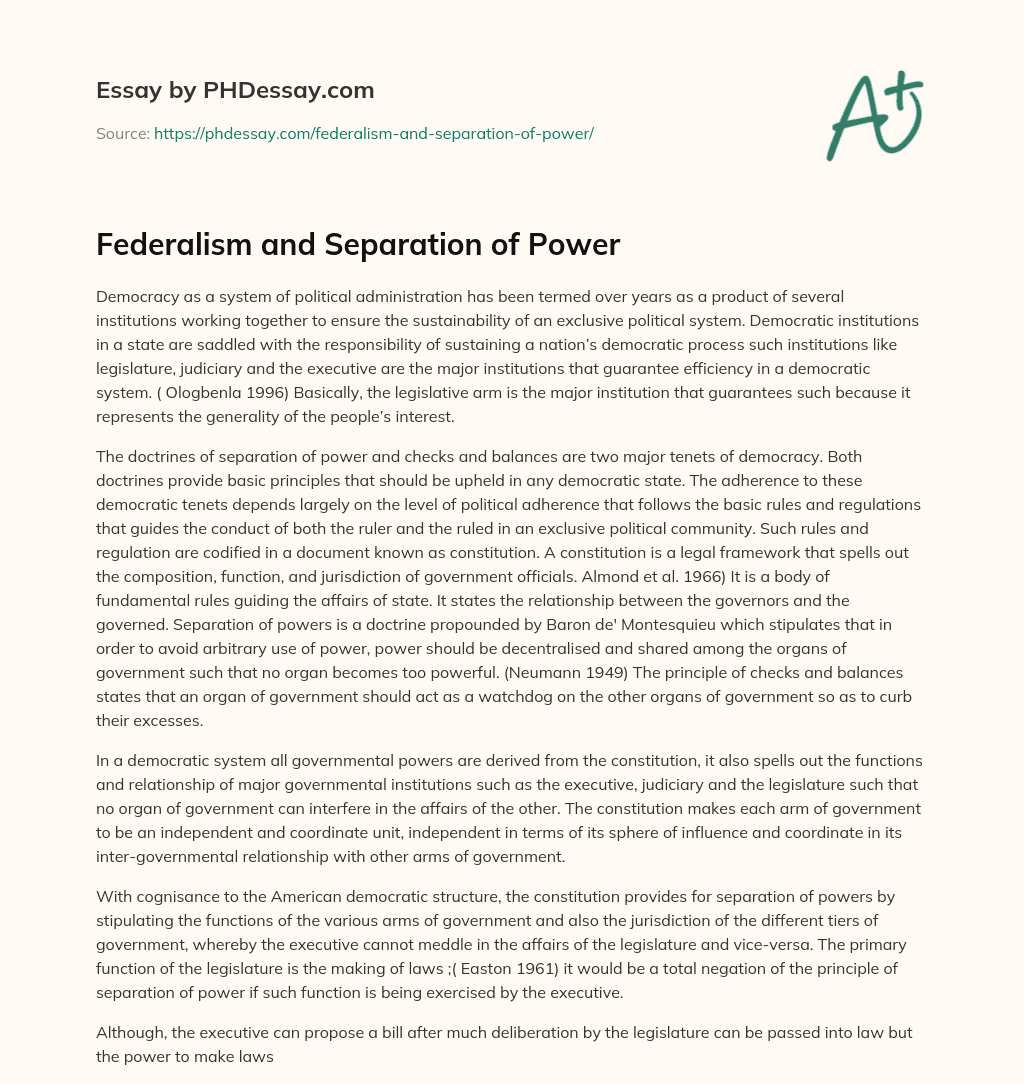 Federalism and Separation of Power - PHDessay.com