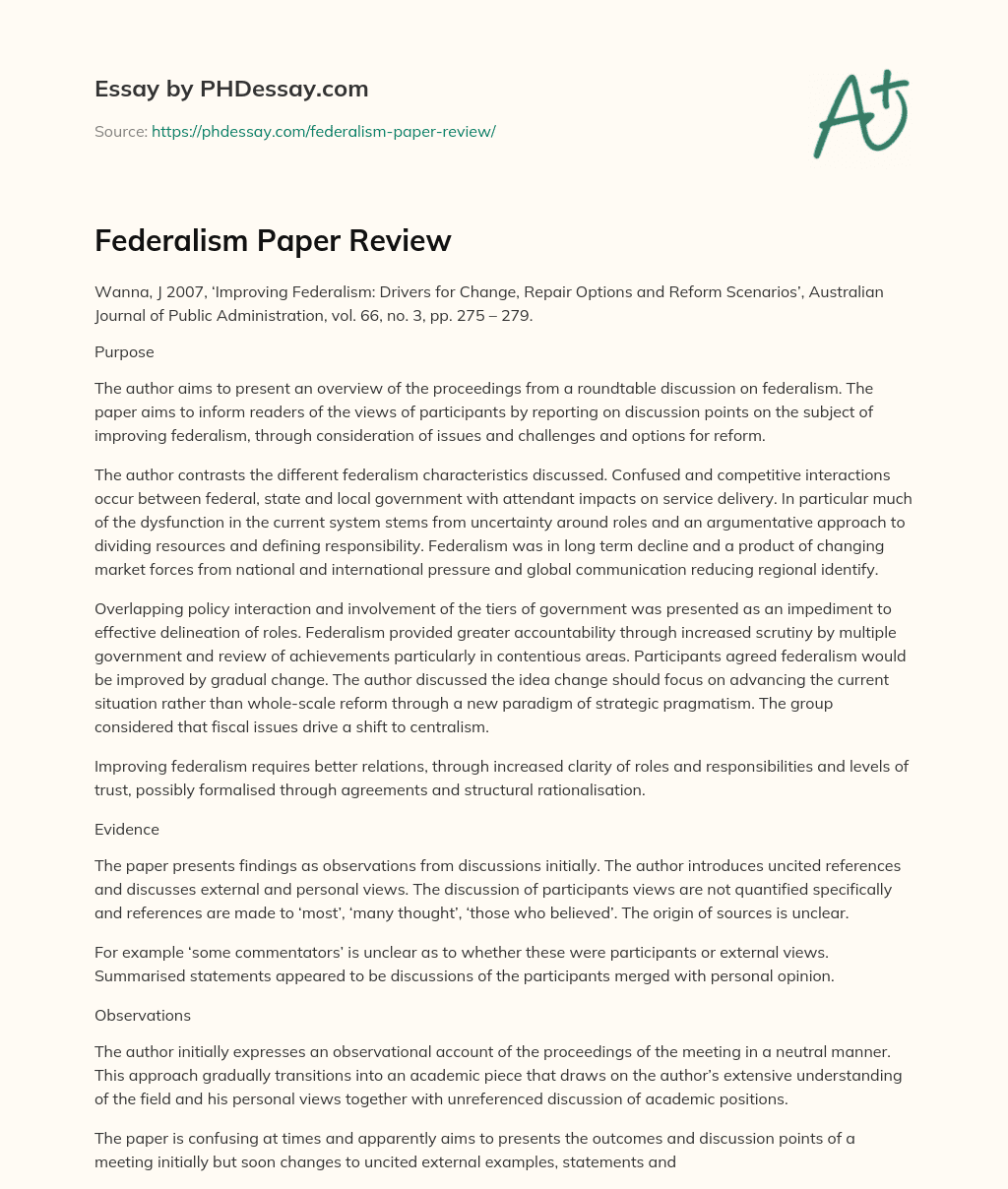 Federalism Paper Review (500 Words) - PHDessay.com