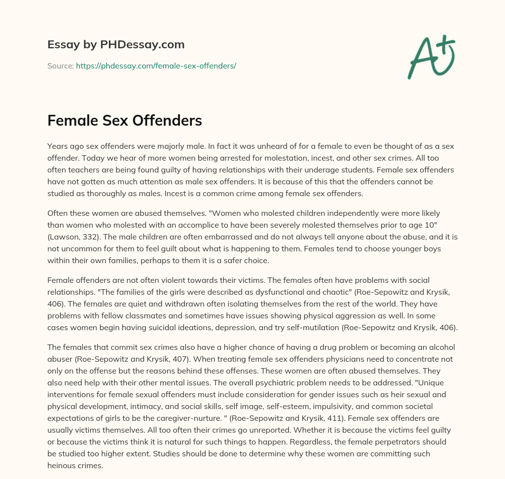Female Sex Offenders (400 Words) - PHDessay.com