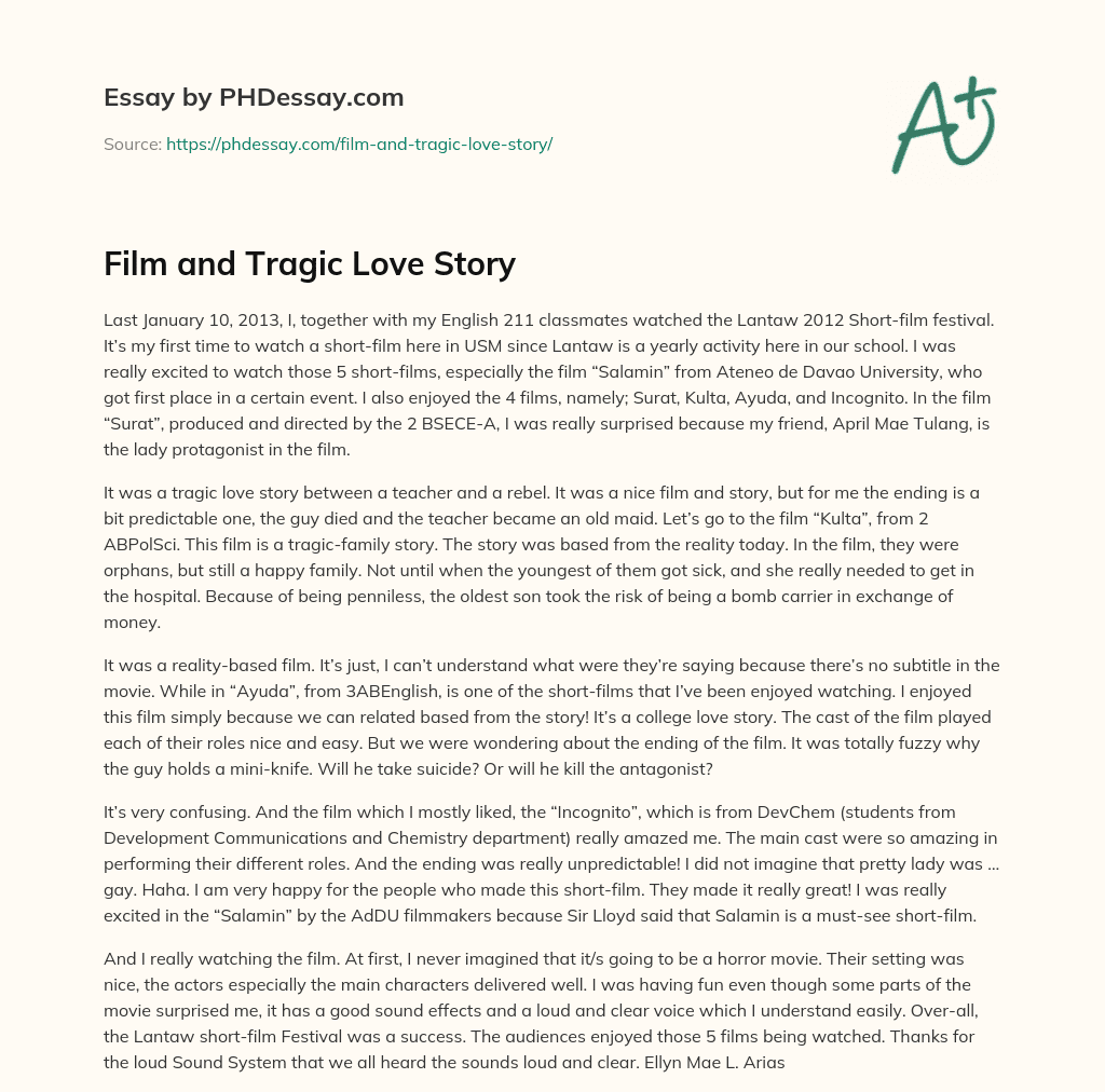 Film and Tragic Love Story (500 Words) - PHDessay.com