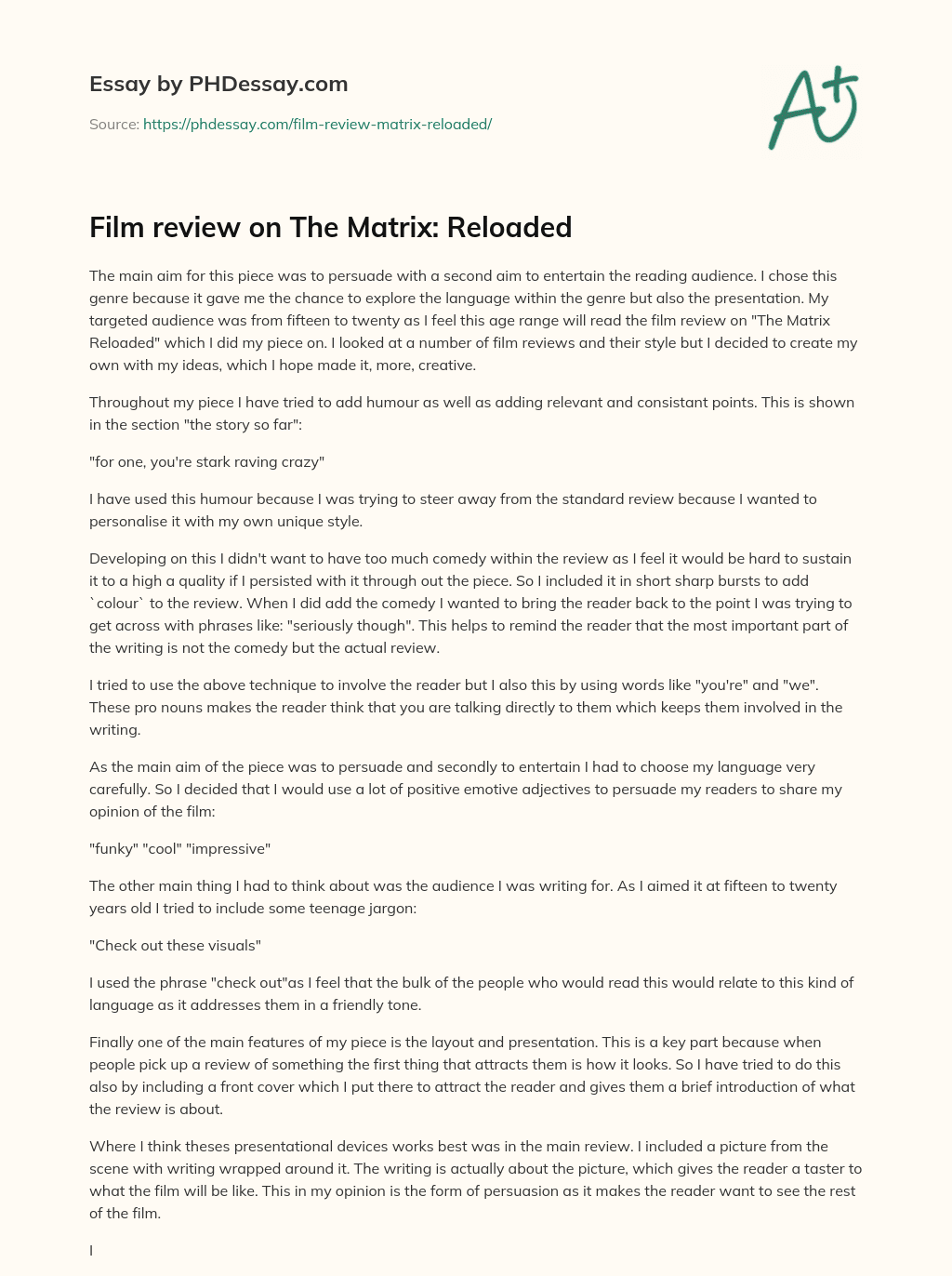 Film review on The Matrix: Reloaded - PHDessay.com