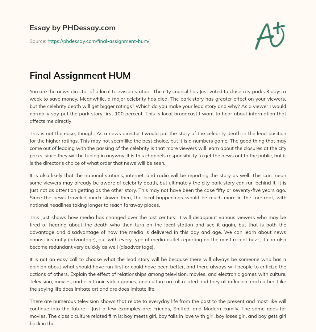 Final Assignment HUM - PHDessay.com