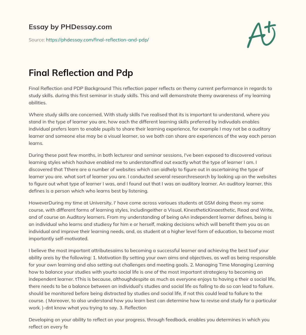 Final Reflection and Pdp - PHDessay.com