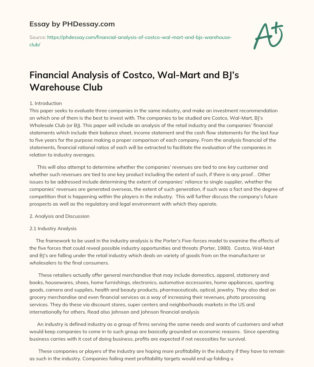 Financial Analysis of Costco, Wal-Mart and BJ’s Warehouse Club ...