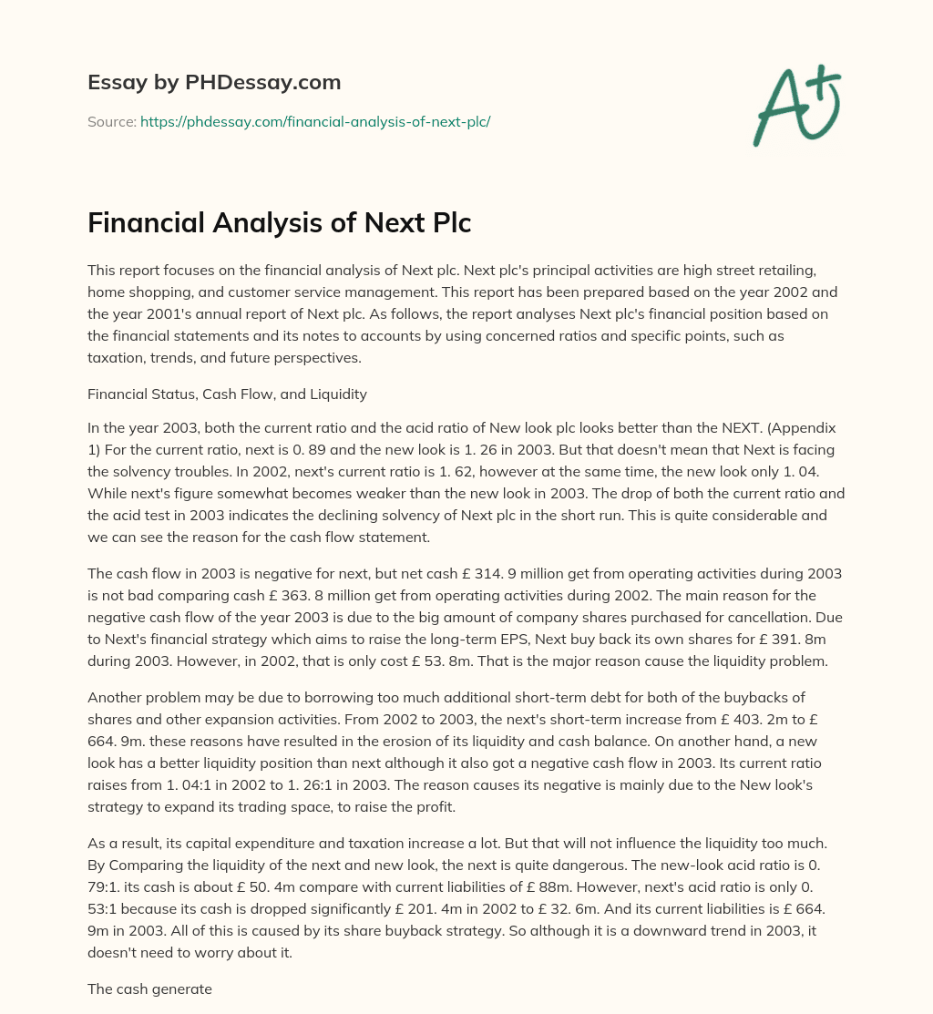 Financial Analysis of Next Plc - PHDessay.com