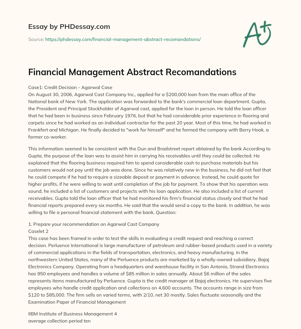 Financial Management Abstract Recomandations - PHDessay.com