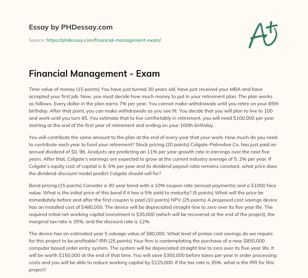 Financial Management - Exam (400 Words) - PHDessay.com