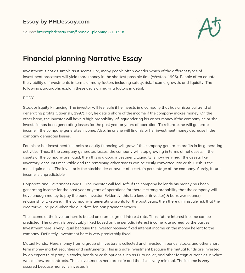 Financial Planning Narrative Essay PHDessay