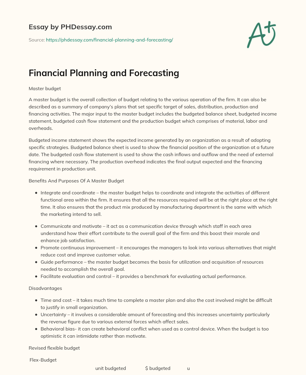 Financial Planning and Forecasting - PHDessay.com