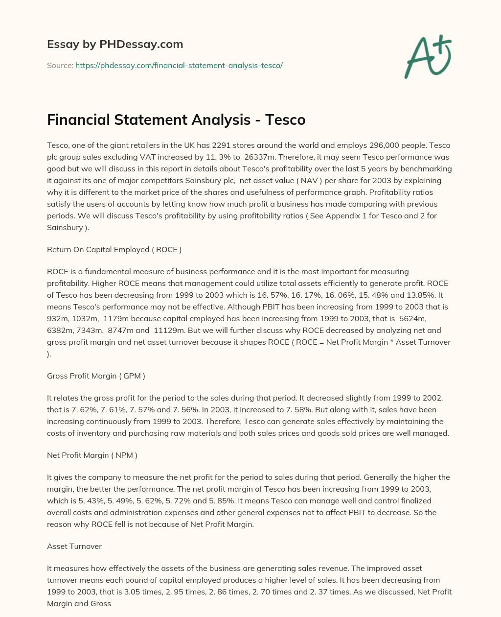 Financial Statement Analysis - Tesco - PHDessay.com