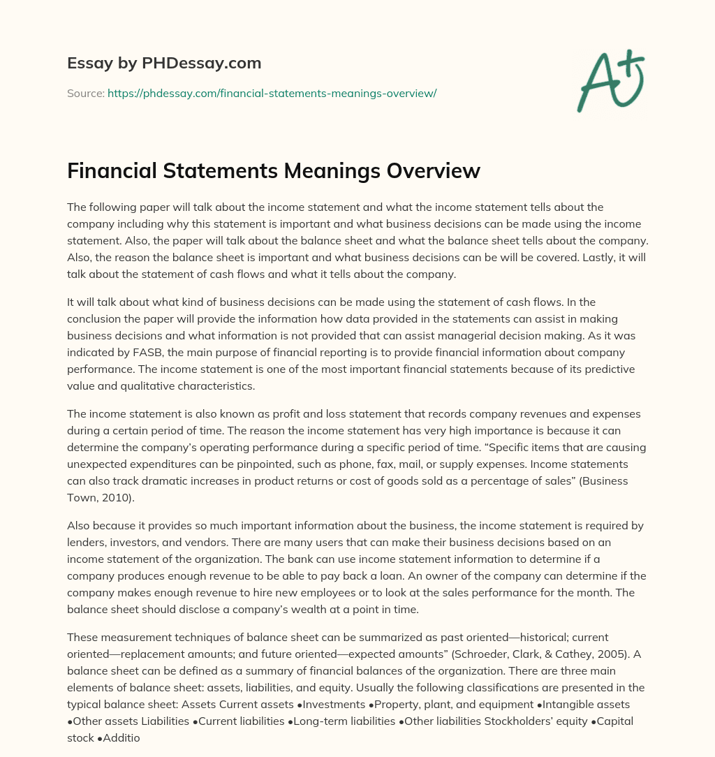 Financial Statements Meanings Overview - PHDessay.com