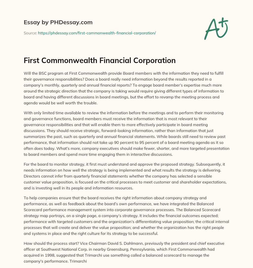 First Commonwealth Financial Corporation - PHDessay.com