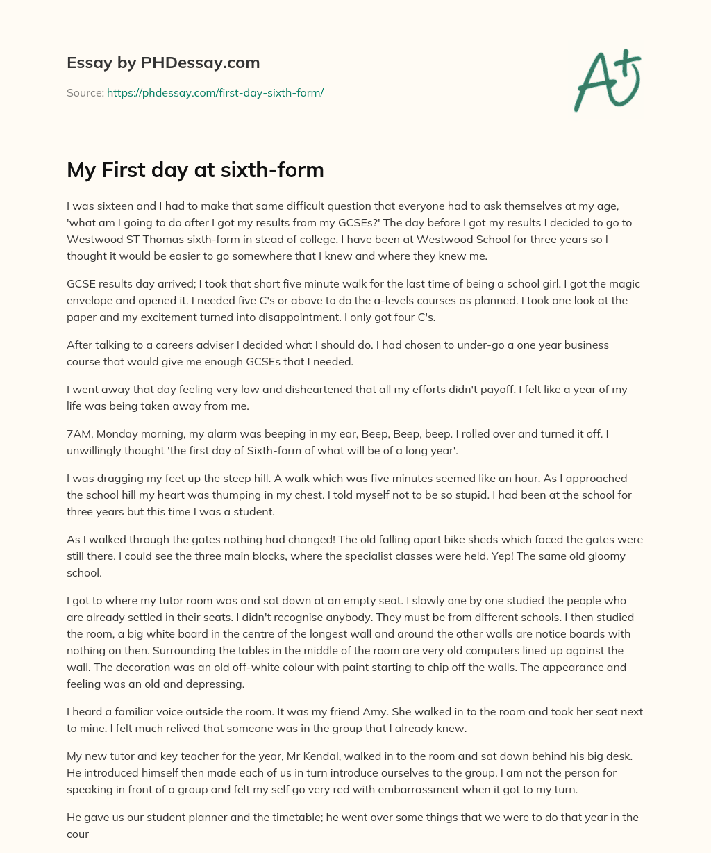 My First day at sixth-form - PHDessay.com