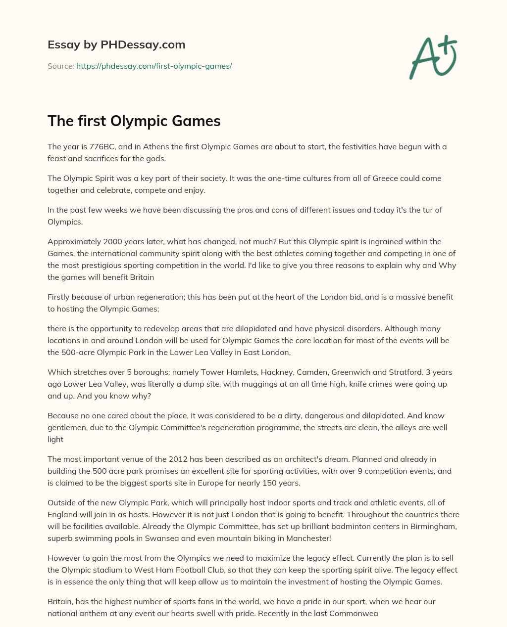 The first Olympic Games (600 Words) - PHDessay.com