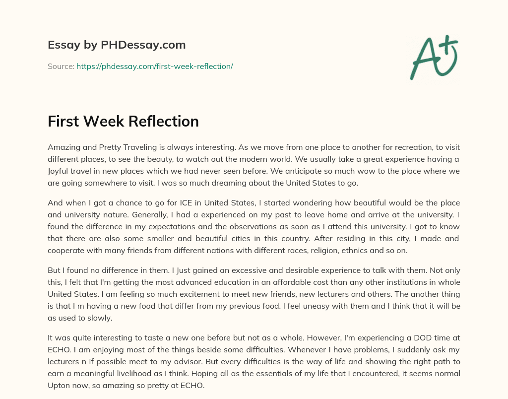 First Week Reflection (400 Words) - PHDessay.com