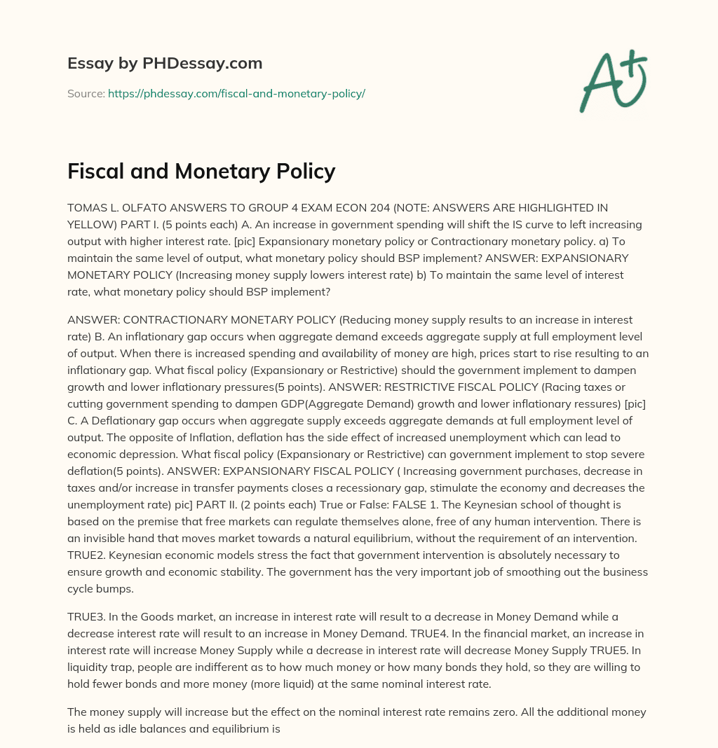 Fiscal and Monetary Policy - PHDessay.com