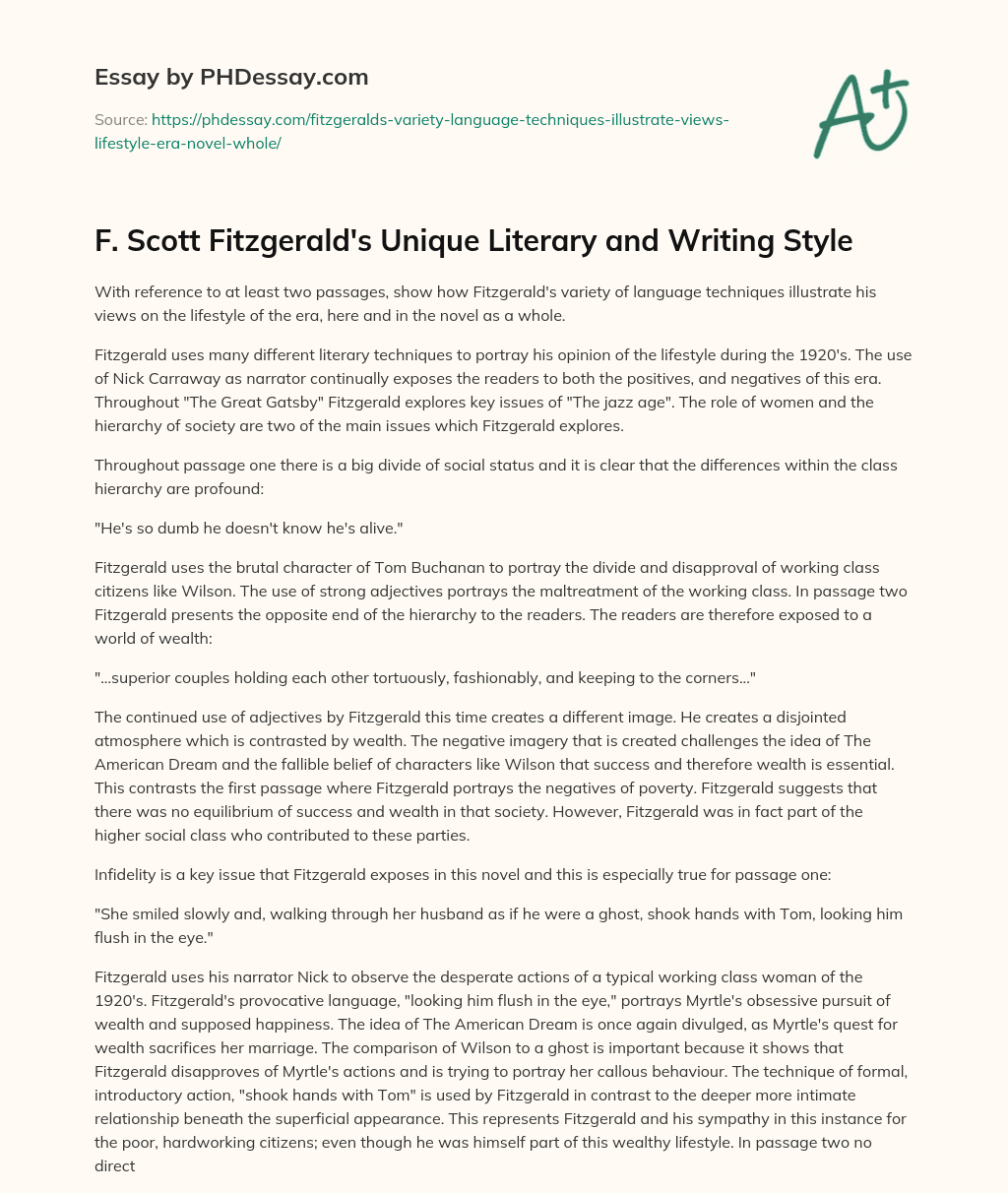 F. Scott Fitzgerald's Unique Literary and Writing Style - PHDessay.com