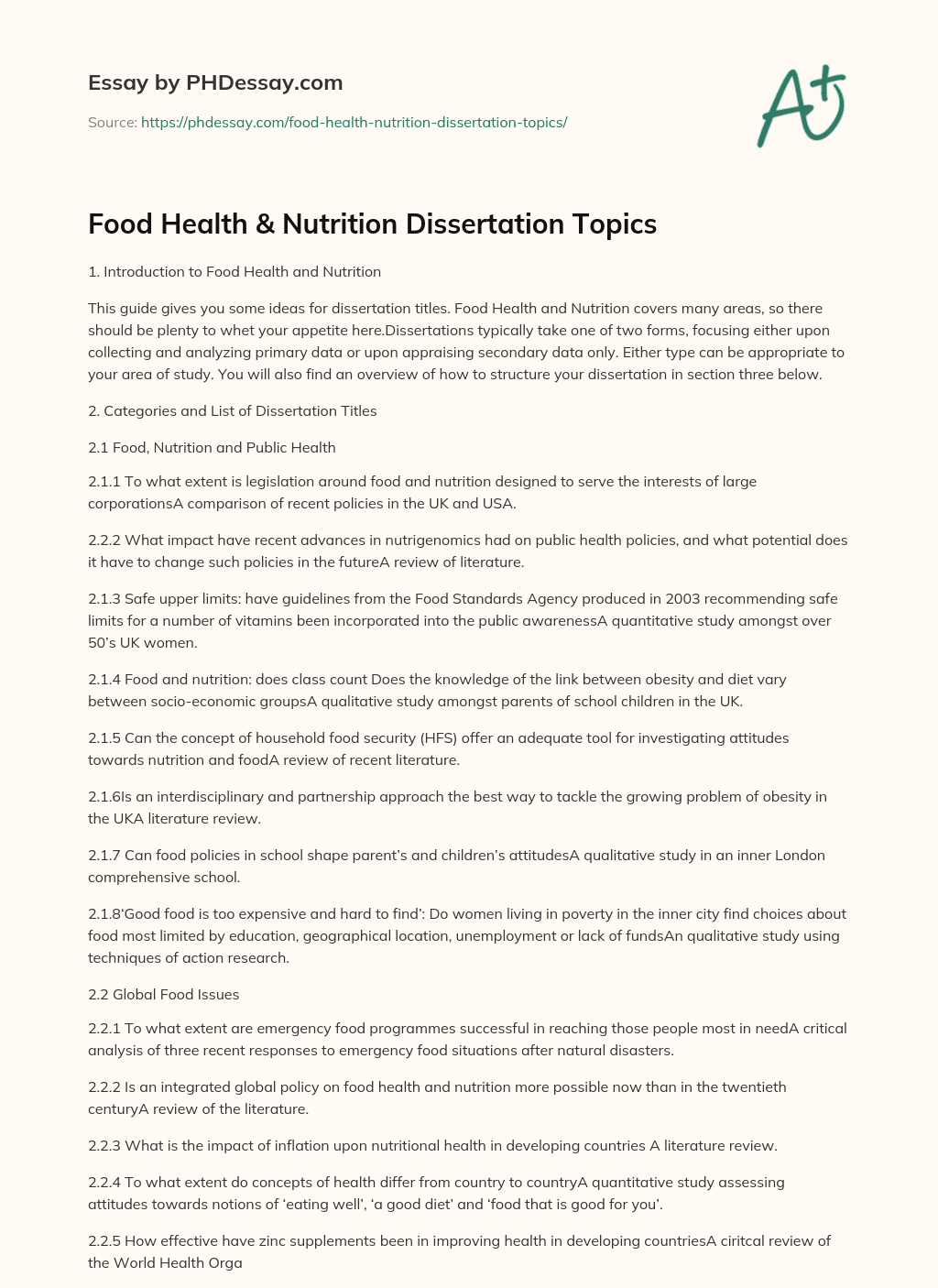 Food Health Nutrition Dissertation Topics PHDessay Food Health Nutrition Dissertation Topics PHDessay