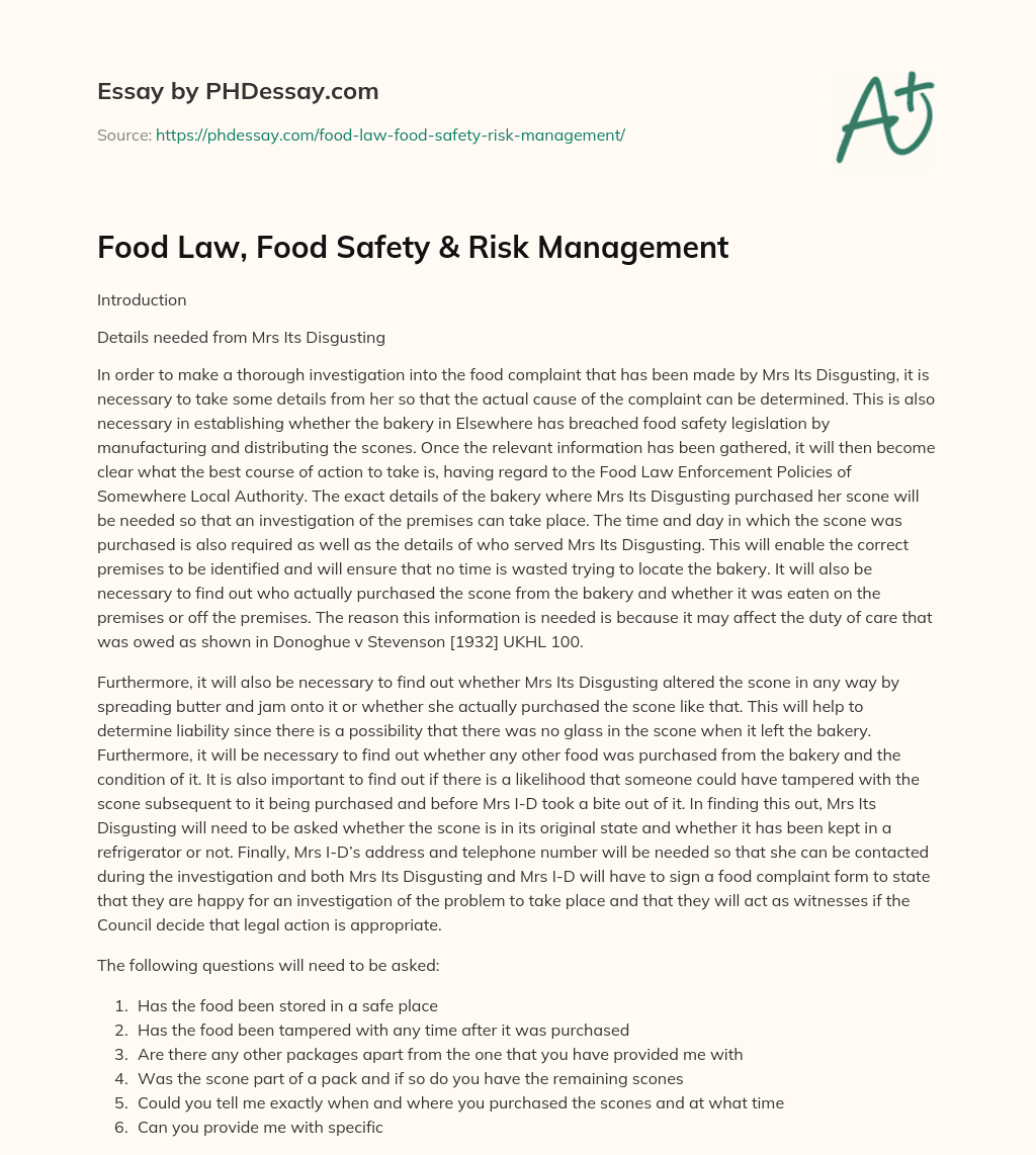 Food Law, Food Safety & Risk Management - PHDessay.com