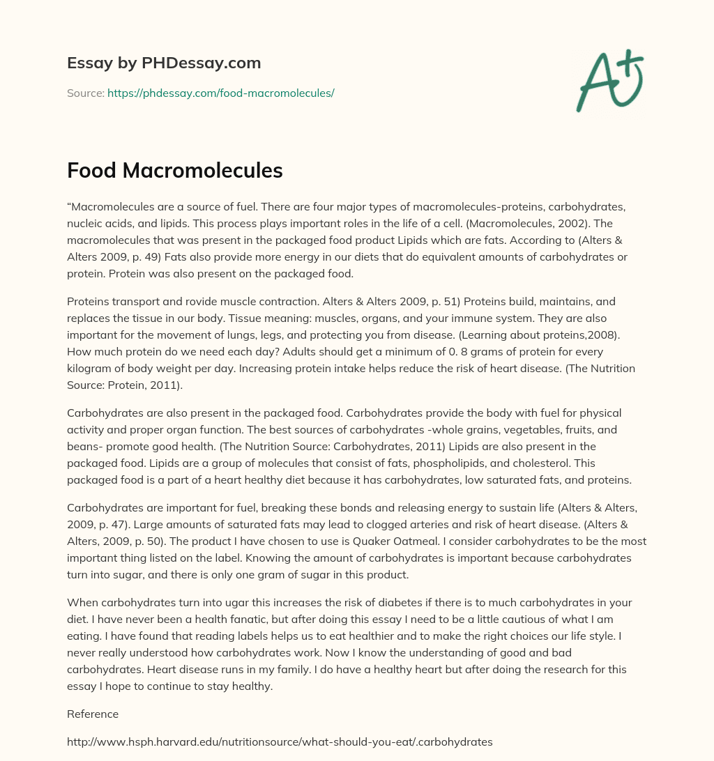 Food Macromolecules Essay Example (400 Words) - PHDessay.com